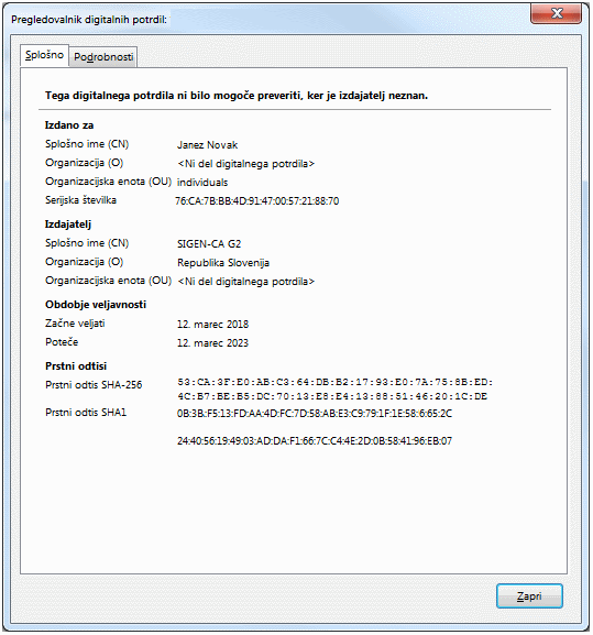 eDavki - Preverjanje digitalnega potrdila